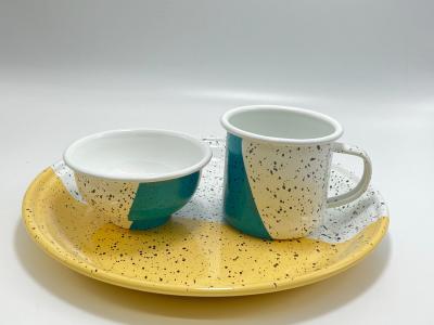 China Thickness 05mm Carbon Steel Enamel Plate Bowl Mug Set Dinnerware Set Marble Speckle Coating Lightweight for sale