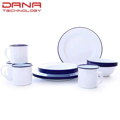 China OEM Enamel Camping Dinner Set With Printing Enamel Mugs Plates Bowls Pot Camp Set for sale