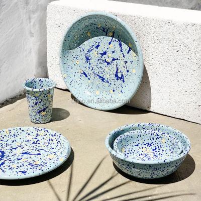 China Speckled Enamel Dinner Set Plates Bowls Mugs Camping Tableware Set for sale