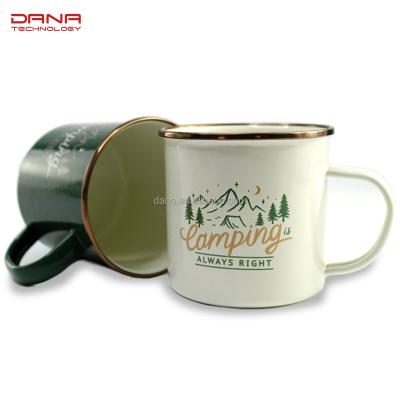 China 304 Stainless Steel Rim Carbon Steel Enamel Coffee Milk Mugs Custom Decal Completed with Durable C Shape Handle for sale