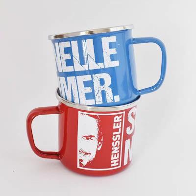 China Handmade Sublimation Mug Customized Enamel Metal Mugs with Logo Featuring C Shape Handle and Durable Build for sale
