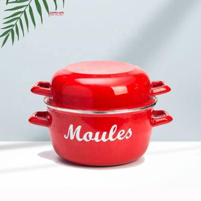 China Carbon Steel Enameled Mussel Pan With Lid Enamel Mussel Pot 18cm 20cm 22cm 24cm for sale