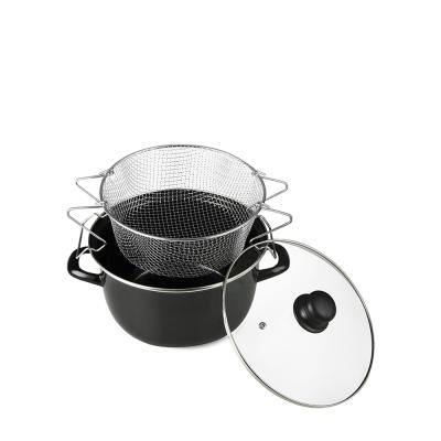 China Classic Black Enamel Deep Fryer Pot With Basket 26/28cm For Chips for sale
