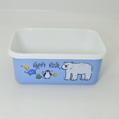 China Soft Blue Cute Polar Bear Penguin Print Rectangular Enamel Storage Bowl Oven Safe Enamel Food Container For Baking And Fridge Storage for sale