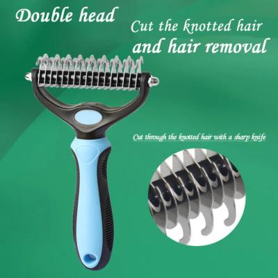 Cina Depilazione blu rossa del pettine di Dematting dell'animale domestico del lato del doppio del dispositivo di rimozione della spazzola per capelli dell'animale domestico in vendita