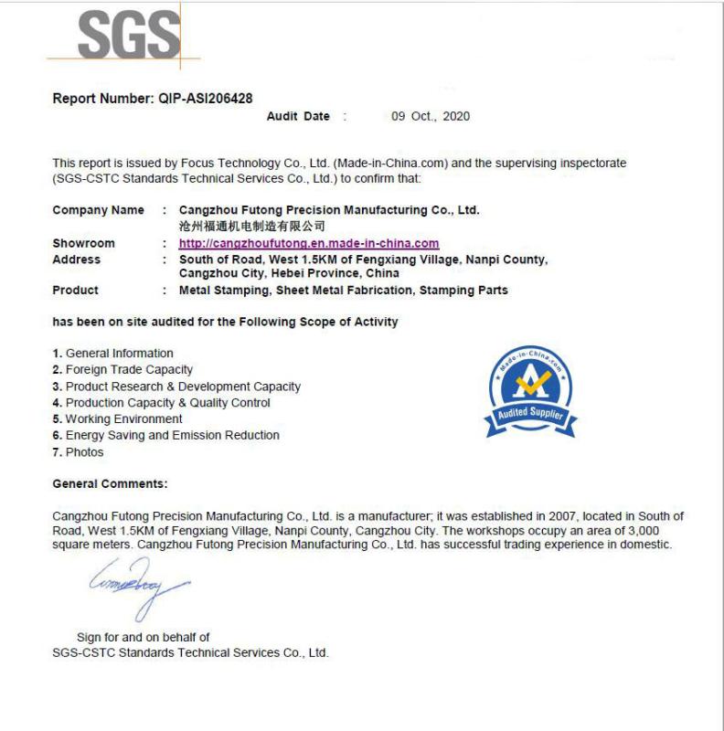 SGS Certificate - Cangzhou Futong Precision Manufacturing Co.,Ltd