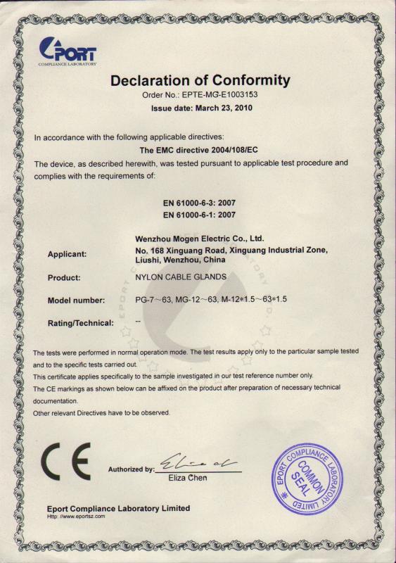 CE CERTIFICATE - WENZHOU MOGEN ELECTRIC CO., LTD