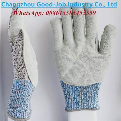 China 13G vinger Behandeld van de het Bewijs Werkend Hand van de Besnoeiings Bestand HPPE Besnoeiing de Handschoenenniveau 5 het Lassenhandschoenen van het Koe Gespleten Leer Te koop