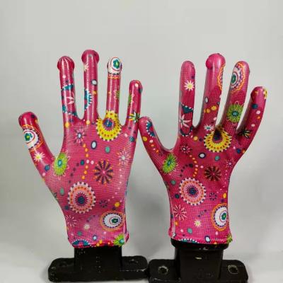 China Polyester-Zwischenlagen-PU-Garten-Arbeits-Handschuhe blühen Drucken für Frauen zu verkaufen