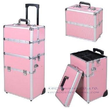China Caixa cosmética rodada Lockable do exemplo de alumínio cor-de-rosa do cabeleireiro do rolamento 2in1 à venda