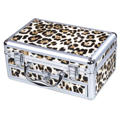 China Mini Leopard Aluminum PVC Makeup Case Cosmetic Train W Mirror Drawer for sale