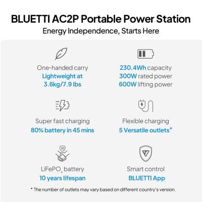 China Bluetti New Products AC2p Solar Power Bank 60000mah 230wh 300w Portable Power Station Solar Generator for sale