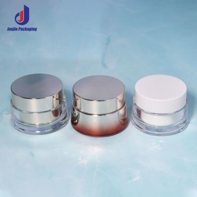 China Luxury Skincare Body Cream Container Packaging 50ml ABS Cap Acrylic Plastic Jar with Shiny Gold UV Paint and Metal Lid for sale