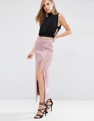 China Polyester-Frauen-Satin 100% Maxi Skirt mit Reißverschluss-seitiger Befestigung zu verkaufen
