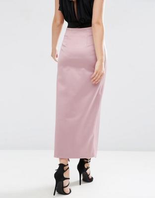 China Polyester-Frauen-Satin 100% Maxi Skirt mit Reißverschluss-seitiger Befestigung zu verkaufen