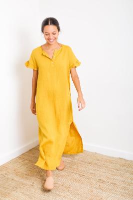China Paloma Mustard Short Sleeve Button cortou para baixo Maxi Linen Dress à venda