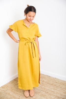 China Paloma Mustard Short Sleeve Button cortou para baixo Maxi Linen Dress à venda
