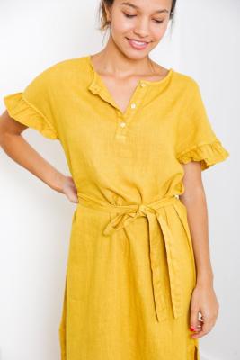 China Paloma Mustard Short Sleeve Button cortou para baixo Maxi Linen Dress à venda