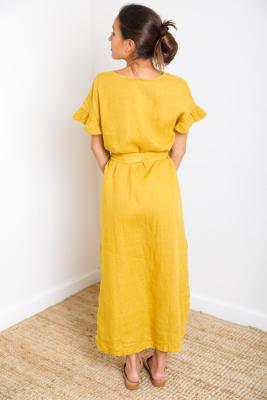 China Paloma Mustard Short Sleeve Button cortou para baixo Maxi Linen Dress à venda
