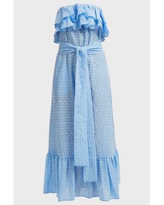 中国 肩の花の刺繍のひだの服の女性を離れた女性の青い綿 販売のため