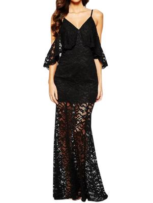 China Elegant Zwart Sexy Lang Kant Maxi Evening Dresses Te koop