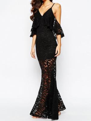 China Elegant Zwart Sexy Lang Kant Maxi Evening Dresses Te koop