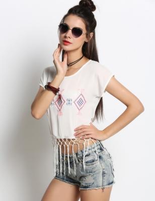 Cina cime per le donne 2016 donne intorno alle cime del raccolto della blusa della nappa del ricamo del collo in vendita