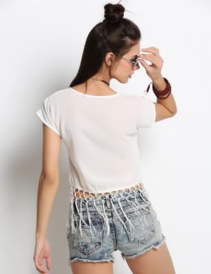 Cina cime per le donne 2016 donne intorno alle cime del raccolto della blusa della nappa del ricamo del collo in vendita
