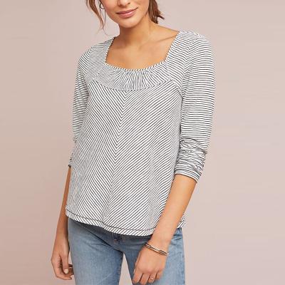 中国 縞で飾られるの女性の正方形の首の長い袖の細いブラウス 販売のため