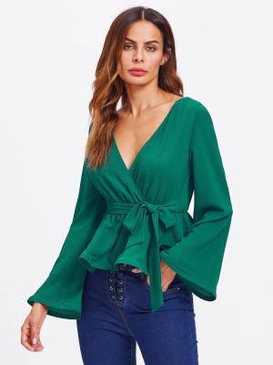 China Bell Sleeve Wrap Blouse with Deep V Neck for sale