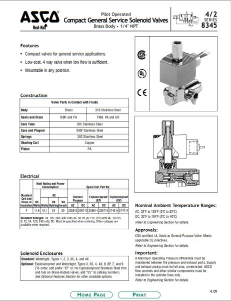 Quality Compact General Service 2 Position 4 Way Solenoid Valve ASCO 345 Female NPT for sale