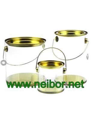 China Clear Cylindrical PVC PET bucket plastic pail with tin lid and bottom paint can bucket for sale