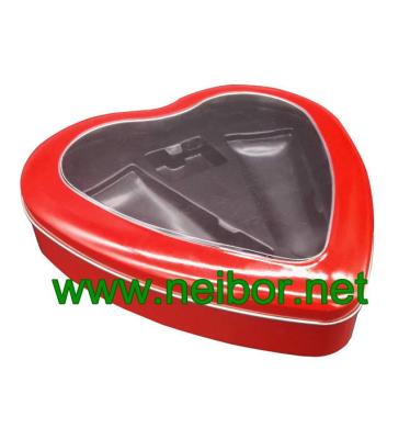 China Cosmetic packaging use heart shaped gift tin box with PVC tray for sale