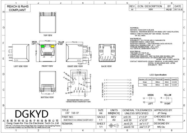 Front view of RJ45 connector showing modular design and LED indicators