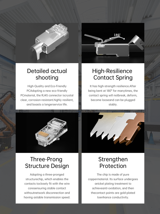 Close-up view of RJ45 connector showing gold contacts and transparent housing