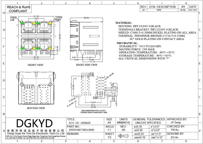 Shield 2X2 Double Deck 4 Port RJ45 Modular Jack