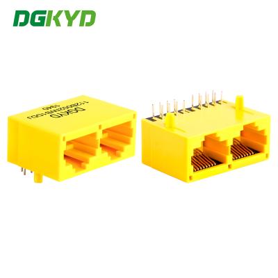 China Cat 5 rj45 dual port jack 8 pin modular connector yellow plastic housing DGKYD112B002IWB1DDJ for sale