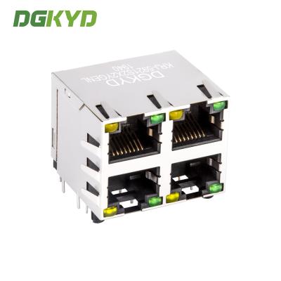 China Metal Shielded 2X2 double deck 4 port RJ45 connectors without transfomer RJ45 Ethernet socket with light and shielding communication interface 8P8C KRJ-5921S2X2YGENL for sale