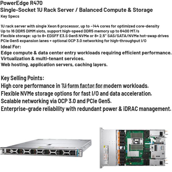 Quality PowerEdge R470 1U Rack Server with Xeon 6 E-core CPU, 16 DDR5 DIMM Slots, and Up to 10 x 2.5-inch SATA/NVMe Drive Bays for sale