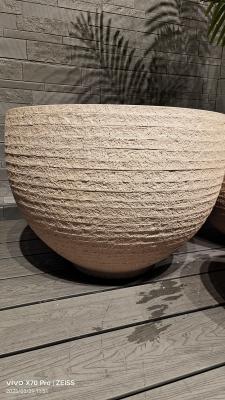 Cina stile rustico naturale beige chiaro a strisce a strati effetto rotondo piantatore in fibra di argilla leggero resistente a bassa manutenzione vaso da fiore vacanza decorazione ufficio villa Progetto di paesaggistica giardini sul tetto in vendita