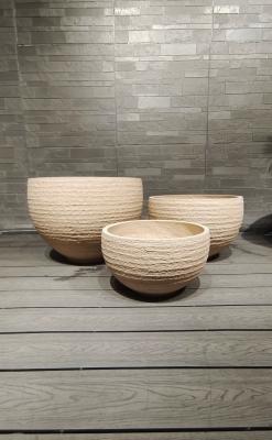 Cina stile rustico naturale beige chiaro a strisce a strati effetto rotondo piantatore in fibra di argilla leggero resistente a bassa manutenzione vaso da fiore vacanza decorazione ufficio villa Progetto di paesaggistica giardini sul tetto in vendita