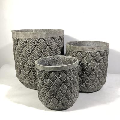 중국 GRC 팟 그레이 라운드 섬유 시멘트 화분, 반복적인 야자 잎 패턴, 경량 내구성, 낮은 유지 보수, 화분, 휴가 빌라, 사무실 장식, 옥상 정원, 조경 프로젝트 판매용