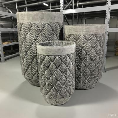 China GRC Pot Grey Cylindrical Repetitive Palm Leaf Pattern Low-maintainence Office Decoration for sale