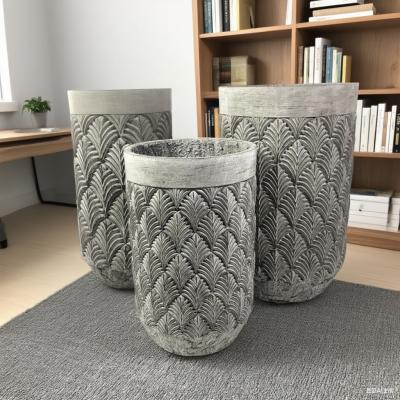 China GRC Pot Grey Cylindrical Repetitive Palm Leaf Pattern Low-maintainence Office Decoration for sale