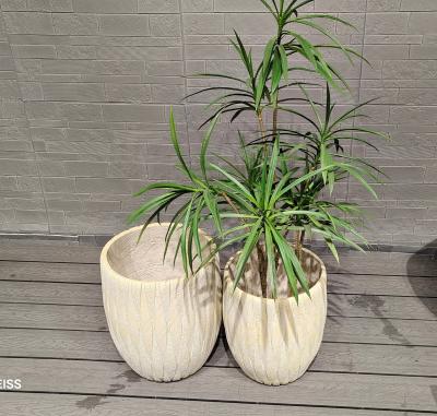 China Pair Of Chic Lemon Yellow Tones Vertical Patterns Round Fiber Clay Planter for sale