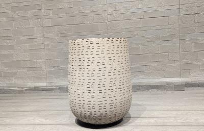 China Light Grayish White Repetitive Geometric Pattern Round Fiber Clay Planter Architectural Landscaping Design for sale