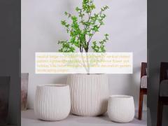neutral beige round fiber clay planter with vertical ribbed pattern lightweight durable low-maintainence flower pot holiday Villa hotel shopping mall office decoration garden landscaping project
