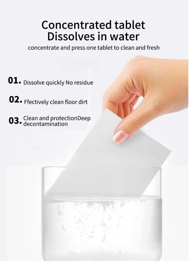 Floor cleaning tablet being used on various floor types