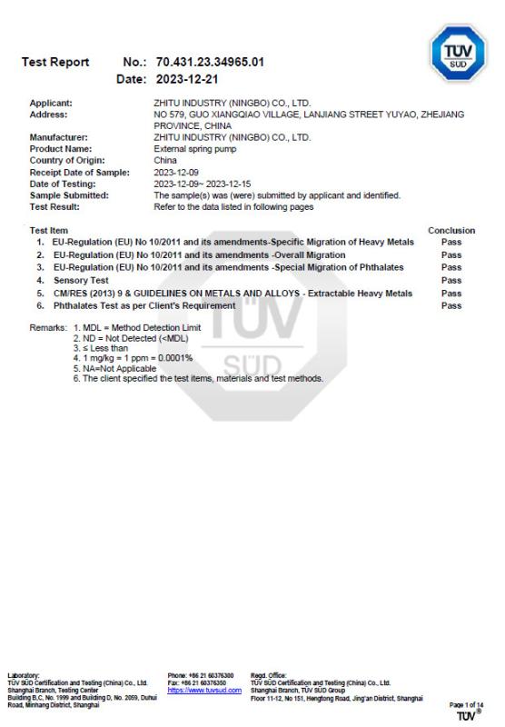 Test Report - Zhitu Industry (ningbo)Co.,Ltd