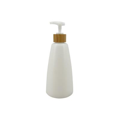 China White Matte Conical Plastic Lotion Bottle With Bamboo Cap 250ml Cosmetic Dispenser Bottle for sale